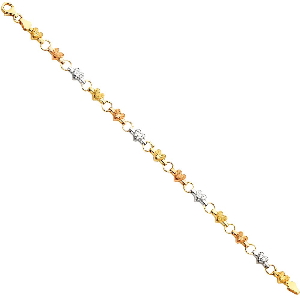 14k REAL Tri Color Gold Diamond Cut Stampato Heart Bracelet with Lobster Claw Clasp - 7.25"