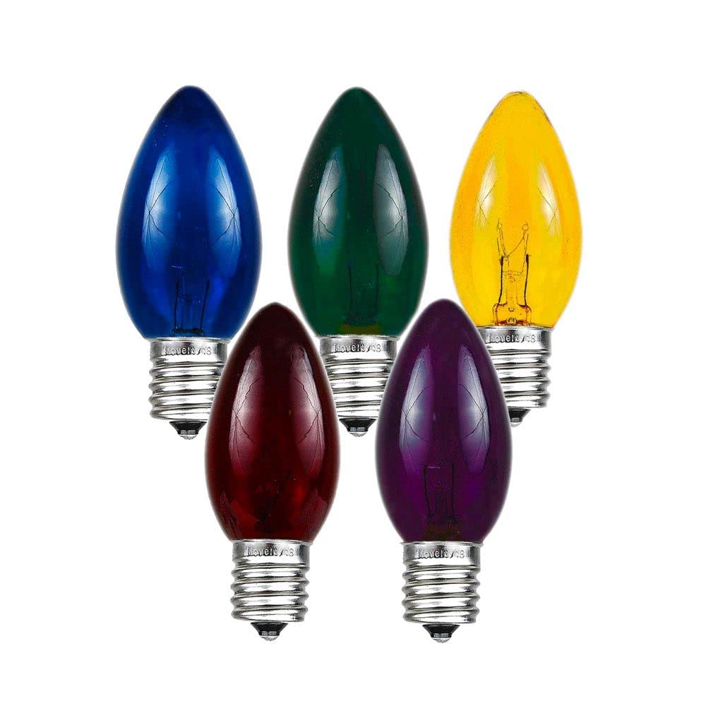 Novelty Lights Incandescent Replacement Bulbs - Outdoor Individual Bulbs For Events, Holiday Parties, Patios, And More - C7/E12 Candelabra Base, 5 Watt Lights (Multicolor, 25 Pack)