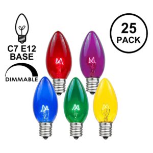 Novelty Lights Incandescent Replacement Bulbs - Outdoor Individual Bulbs For Events, Holiday Parties, Patios, And More - C7/E12 Candelabra Base, 5 Watt Lights (Multicolor, 25 Pack)