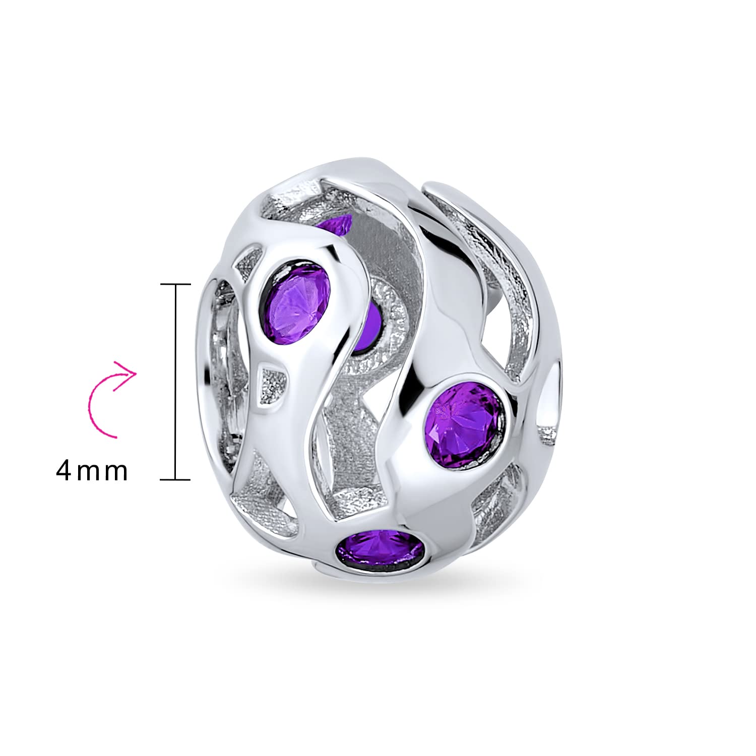 Bling Jewelry Purple Wave Simulated Amethyst CZ Charm Bead For Women .925 Sterling Silver For European Bracelet February Birth Month