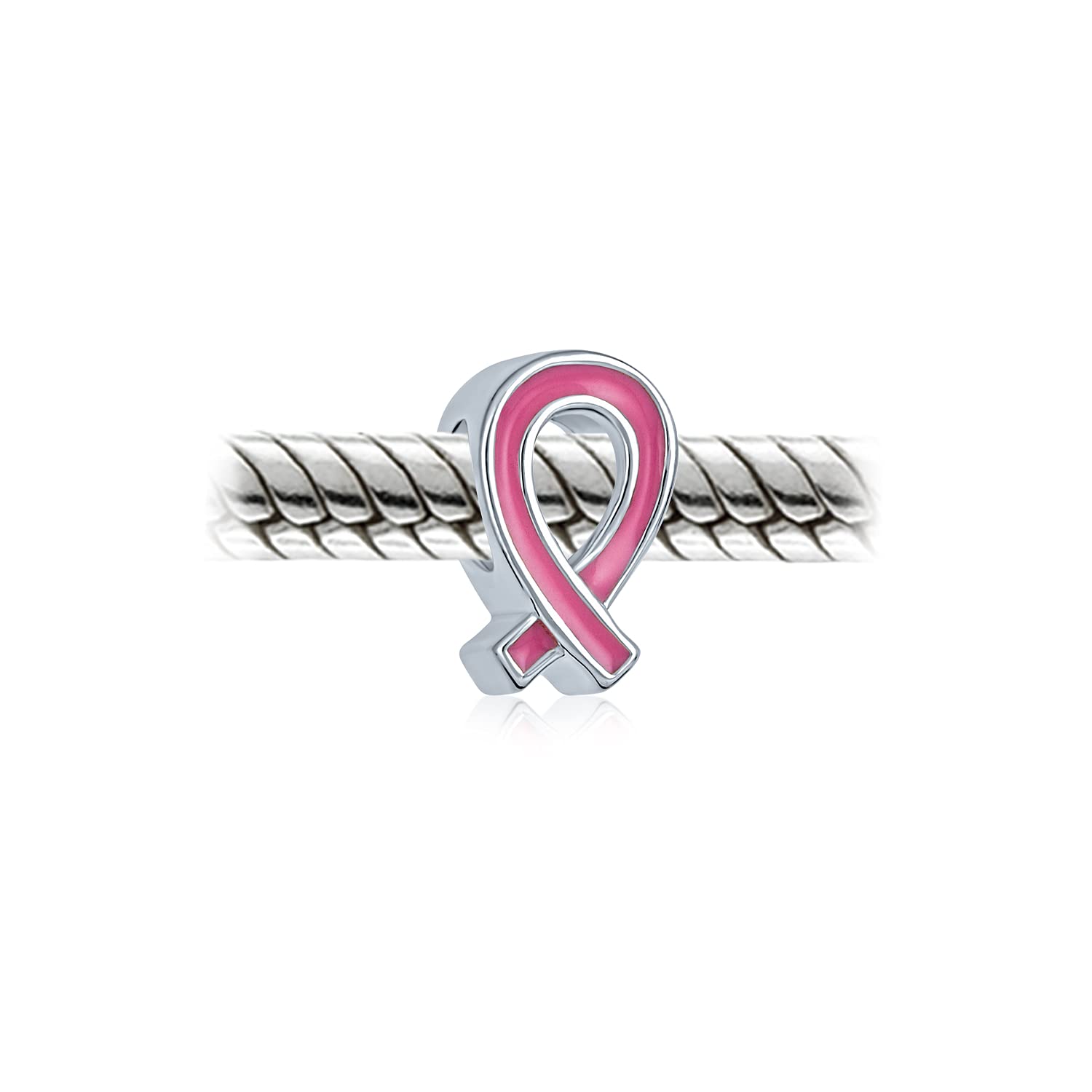 Radiant Pink Ribbon Enamel Hope Breast Cancer Survivor Charm Bead - Authentic .925 Sterling Silver - Compatible with European Bracelets - Inspirational Jewelry for Women