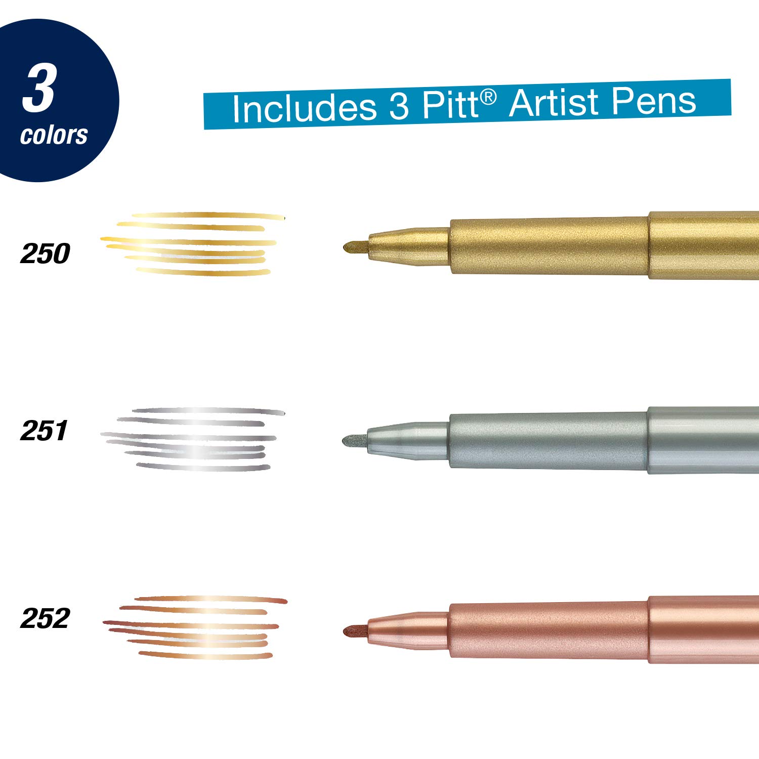 Faber-Castell Metallic PITT Artist Pens - 3 Colored Metallic Colors - Smooth Bullet Nibs (Classic Metallic)