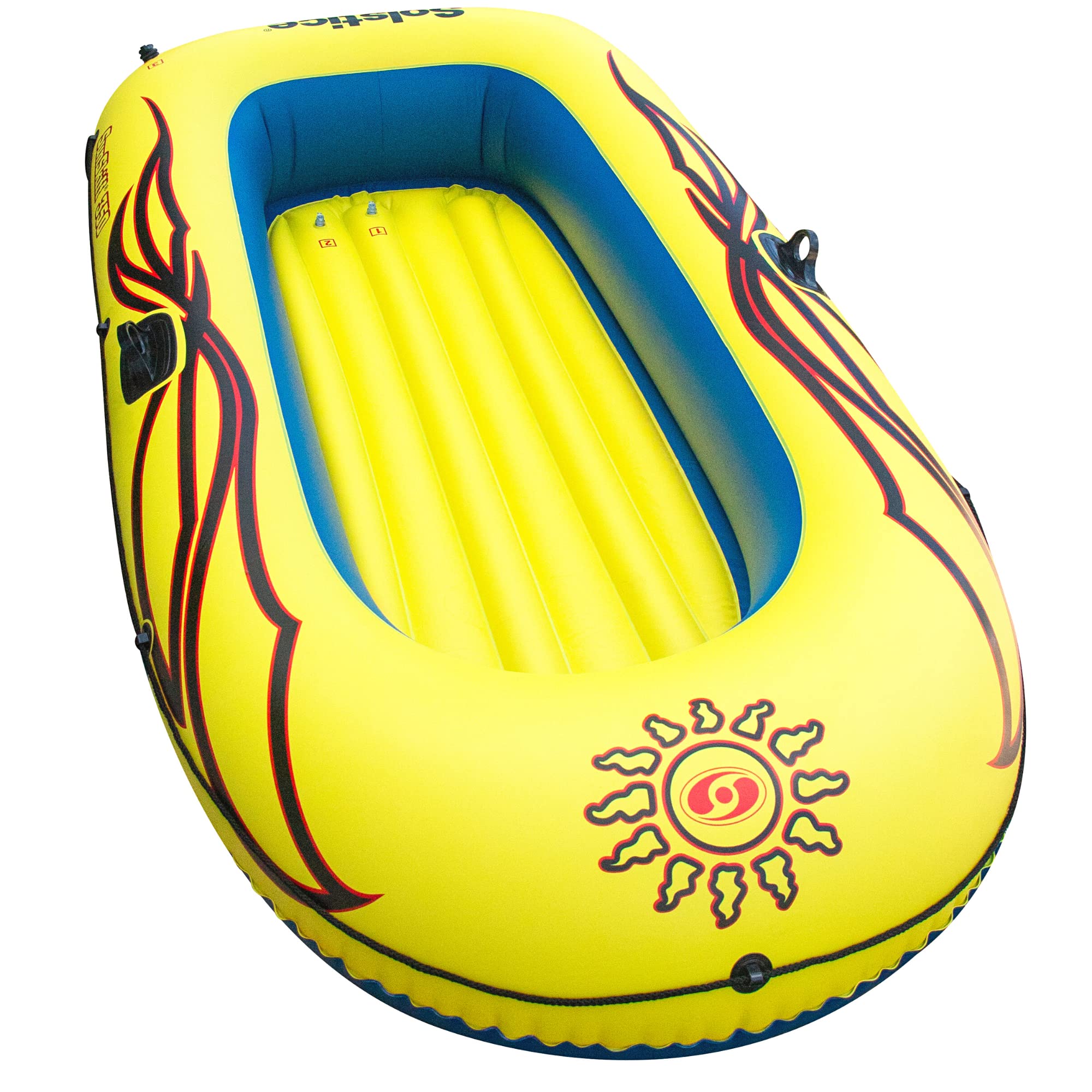 Solstice Inflatable Boat Rafts 3 Person for Adults & Kids Comes W/ Pole Oar Holders Cushioned Comfortable Base Grab Line 8 Ft Size Sunskiff Kits Dinghy Air Floor Yellow