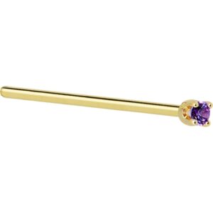 body candy solid 14k yellow gold 2mm purple cubic zirconia straight fishtail nose stud ring 18 gauge 17mm