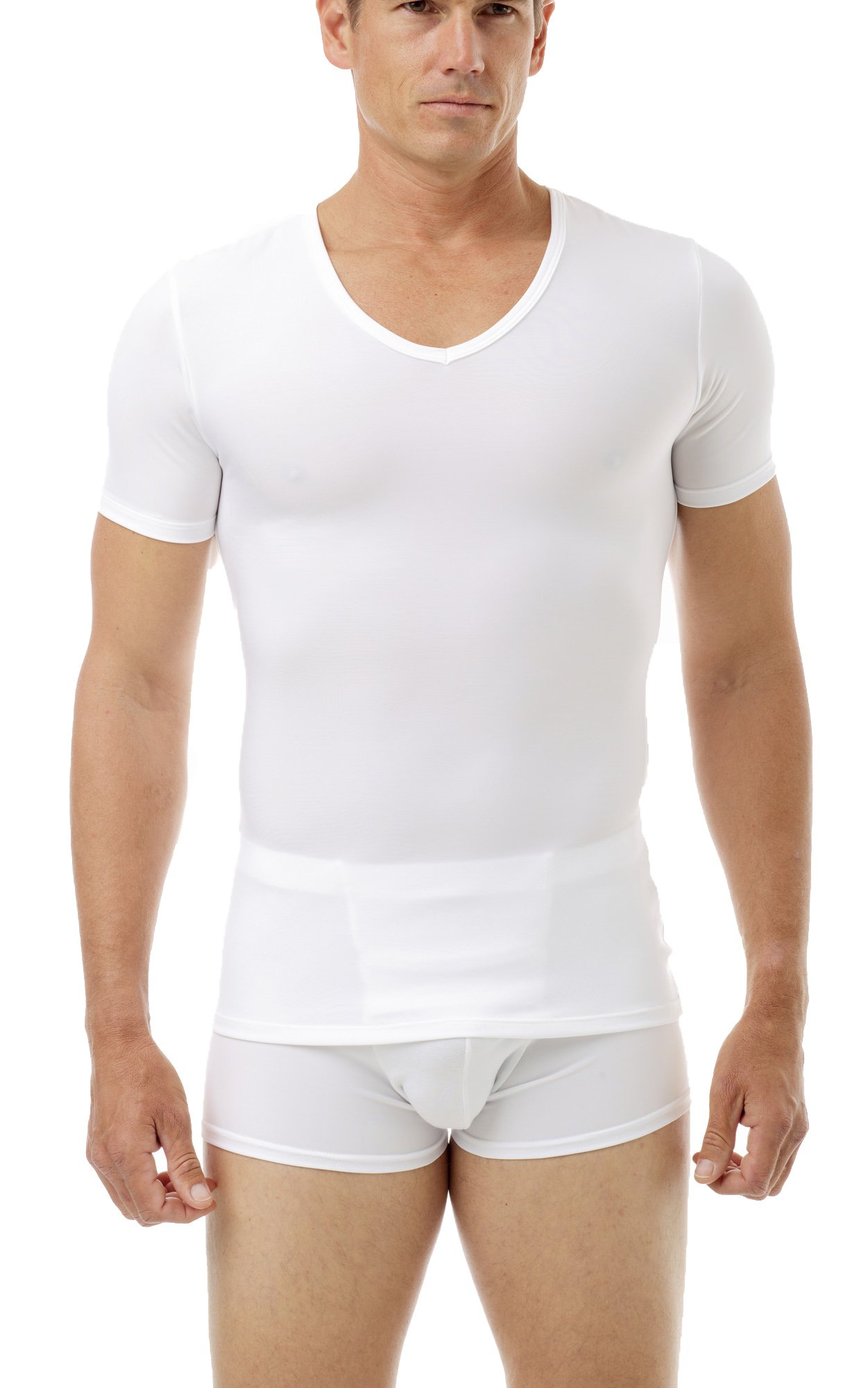 Underworks Mens Microfiber Compression V-Neck T-shirt, Large, White