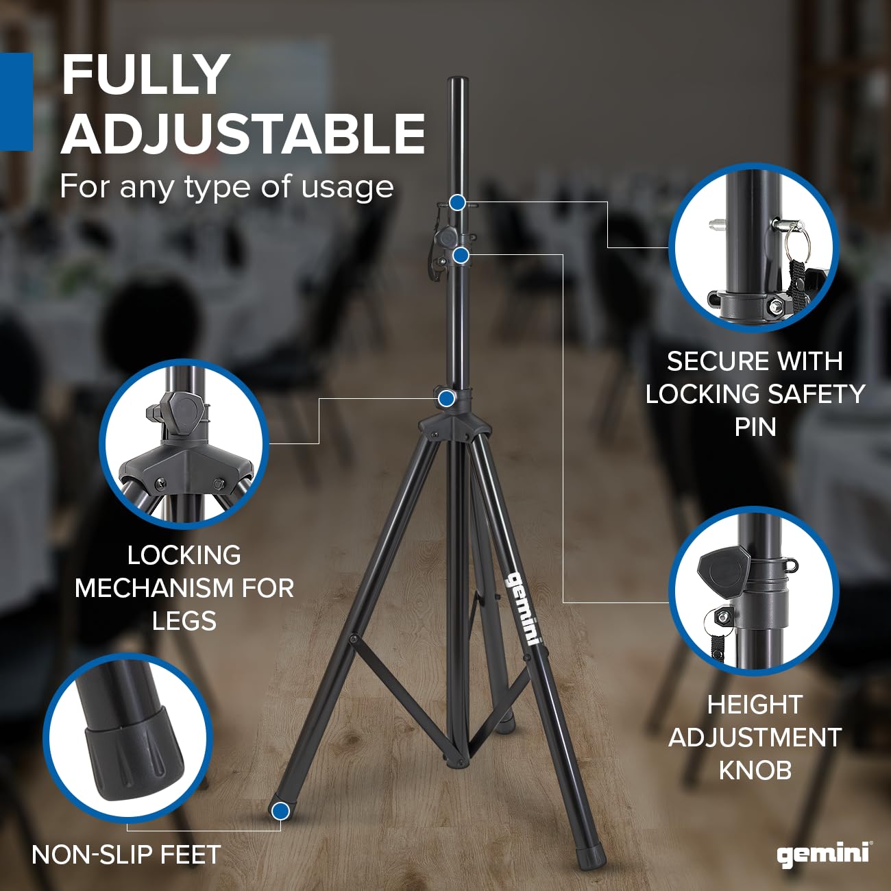 Gemini Sound ST-04 Heavy Duty Professional Audio Universal DJ Foldable Collapsible Telescoping Tripod PA Speaker Stands, Adjustable height up to 80" Inches Tall