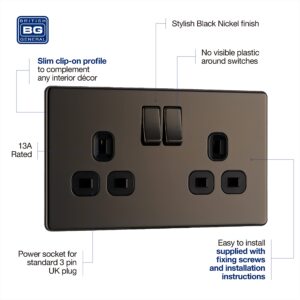 BG Electrical FBN22B-01 Double Switched Screwless Flat Plate Power Socket, Black Nickel, 13 Amp