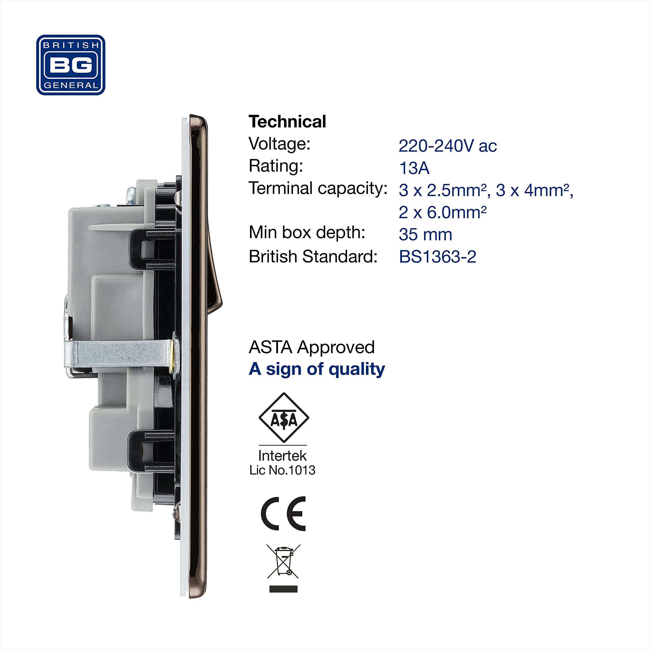 BG Electrical FBN22B-01 Double Switched Screwless Flat Plate Power Socket, Black Nickel, 13 Amp