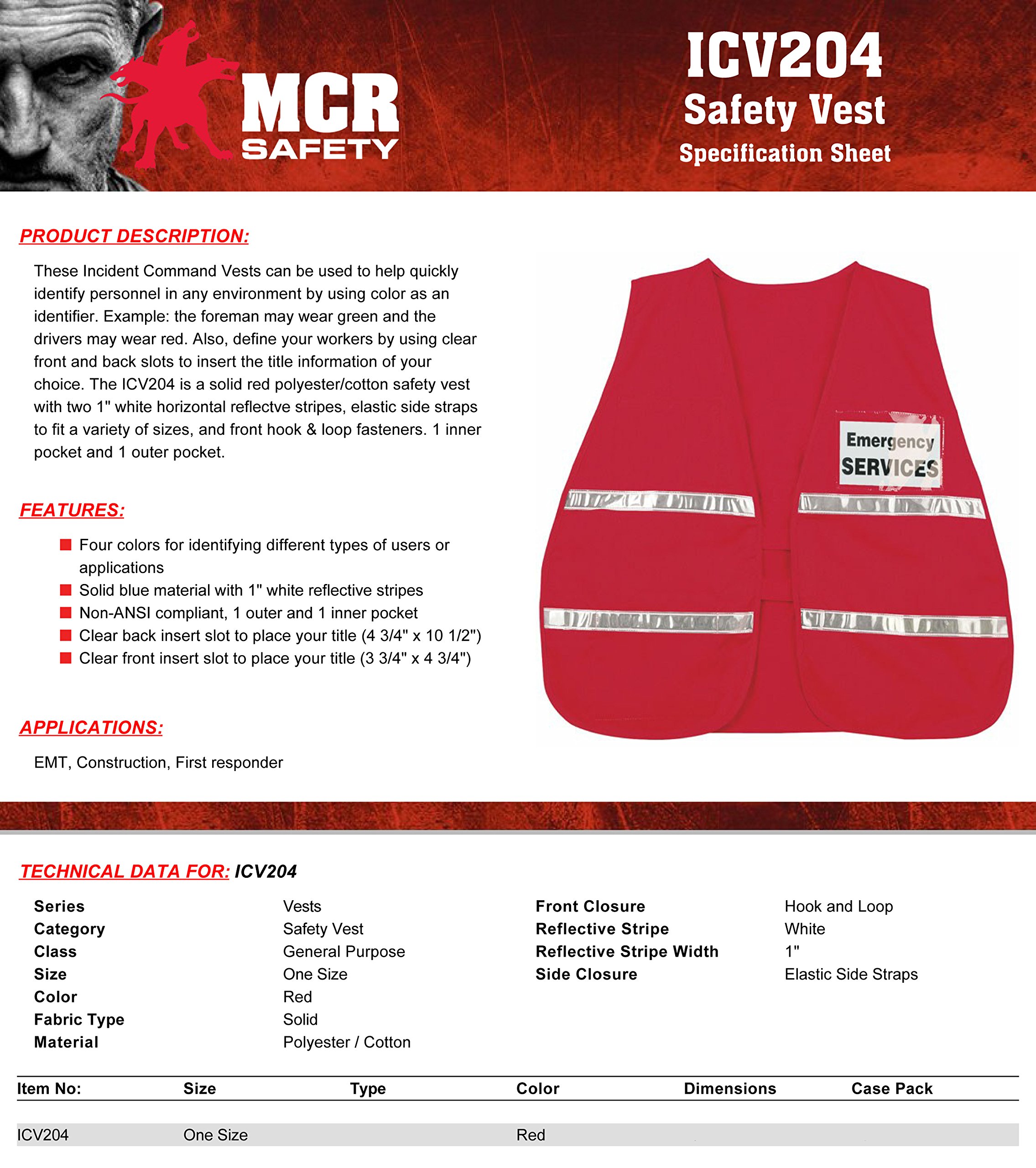 MCR Safety - 611ICV204 ICV204 Incident Command Polyester/Cotton Safety Vest with 1-Inch White Reflective Stripe, Red