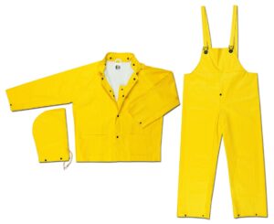 mcr safety 6003l commodore pvc/non-woven polyester/nylon 3-piece rain suit with detachable hood and reinforced crotch, yellow, large