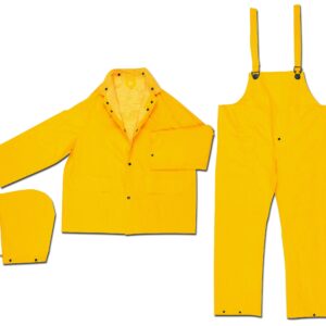 MCR Safety 2403X2 Classic Plus PVC/Polyester 3-Piece Corduroy Collar Rain Suit with Detachable Hood and Bibpant, Yellow, 2X-Large