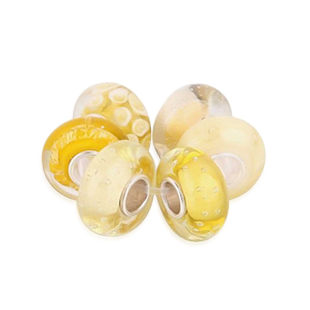 Bling Jewelry Mixed Set Of Bundle .925 Sterling Silver Core Translucent Shades Of White Yellow Floral Murano Glass Swirl Charm Bead Spacer Fits European Bracelet For Women Teen