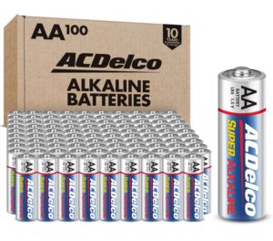 acdelco 100-count aa batteries, maximum power super alkaline battery, 10-year shelf life, reclosable packaging