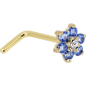 body candy solid 14k yellow gold arctic blue and clear cubic zirconia flower l shaped nose stud ring 20 gauge 1/4"