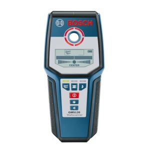 bosch gms 120 wall scanner with modes for wood, metal, and live wiring, includes 9v battery, hand strap, & pouch