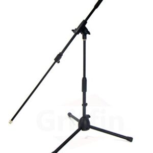 Short Microphone Stand with Boom Arm by GRIFFIN | Low Profile Tripod Mic Stand Mount for Kick Bass Drum, Studio Desktop Recording, Singing, & Guitar Amplifiers | Small Height Telescoping Boom Holder