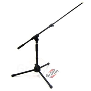 short microphone stand with boom arm by griffin | low profile tripod mic stand mount for kick bass drum, studio desktop recording, singing, & guitar amplifiers | small height telescoping boom holder