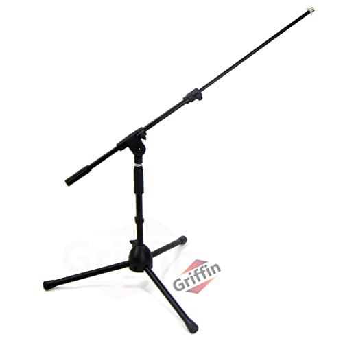 Short Microphone Stand with Boom Arm by GRIFFIN | Low Profile Tripod Mic Stand Mount for Kick Bass Drum, Studio Desktop Recording, Singing, & Guitar Amplifiers | Small Height Telescoping Boom Holder