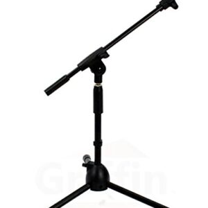 Short Microphone Stand with Boom Arm by GRIFFIN | Low Profile Tripod Mic Stand Mount for Kick Bass Drum, Studio Desktop Recording, Singing, & Guitar Amplifiers | Small Height Telescoping Boom Holder