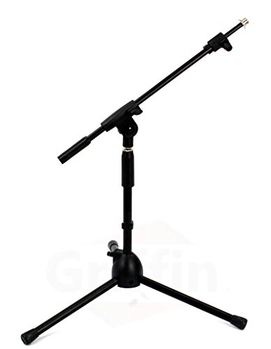 Short Microphone Stand with Boom Arm by GRIFFIN | Low Profile Tripod Mic Stand Mount for Kick Bass Drum, Studio Desktop Recording, Singing, & Guitar Amplifiers | Small Height Telescoping Boom Holder