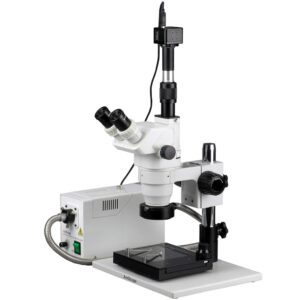 amscope zm-1tz-for-gt-5m digital professional trinocular stereo zoom microscope, ew10x eyepieces, 3.35x-90x magnification, 0.67x-4.5x zoom objective, fiber-optic ring light, large pillar-style table stand with gliding table, 110v-120v, includes 0.5x and 2