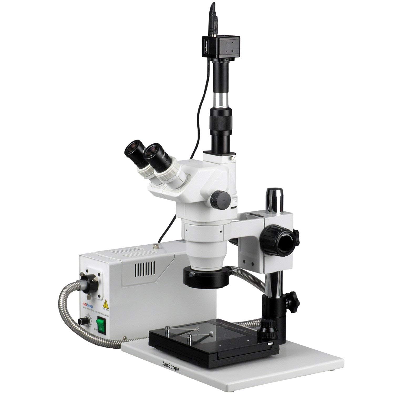 AmScope ZM-1TZ-FOR-GT-5M Digital Professional Trinocular Stereo Zoom Microscope, EW10x Eyepieces, 3.35X-90X Magnification, 0.67X-4.5X Zoom Objective, Fiber-Optic Ring Light, Large Pillar-Style Table Stand with Gliding Table, 110V-120V, Includes 0.5x and 2