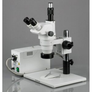 AmScope ZM-1TZ-FOR-GT-5M Digital Professional Trinocular Stereo Zoom Microscope, EW10x Eyepieces, 3.35X-90X Magnification, 0.67X-4.5X Zoom Objective, Fiber-Optic Ring Light, Large Pillar-Style Table Stand with Gliding Table, 110V-120V, Includes 0.5x and 2