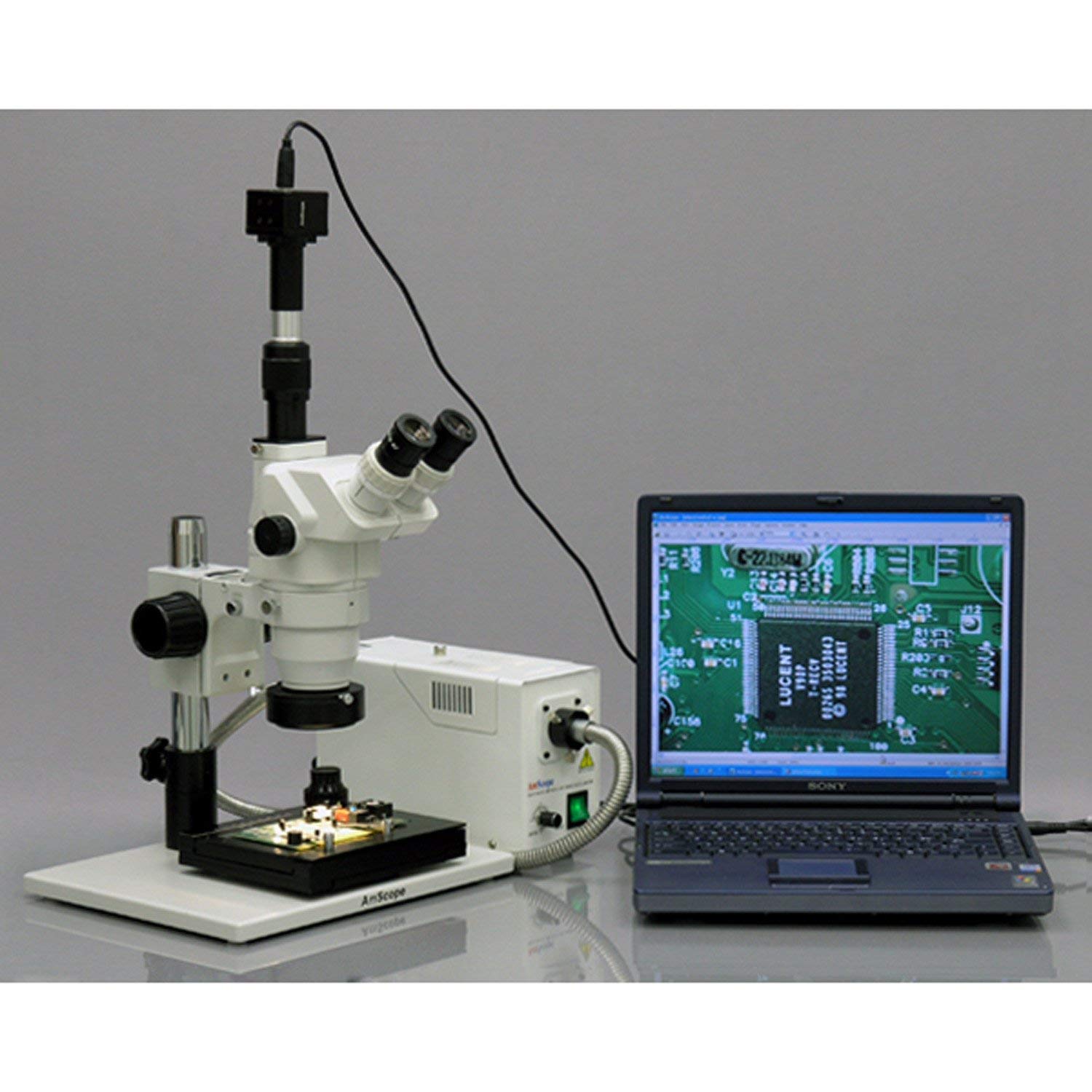 AmScope ZM-1TZ-FOR-GT-5M Digital Professional Trinocular Stereo Zoom Microscope, EW10x Eyepieces, 3.35X-90X Magnification, 0.67X-4.5X Zoom Objective, Fiber-Optic Ring Light, Large Pillar-Style Table Stand with Gliding Table, 110V-120V, Includes 0.5x and 2