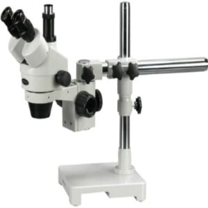 amscope sm-3tz professional trinocular stereo zoom microscope, wh10x eyepieces, 3.5x-90x magnification, 0.7x-4.5x zoom objective, ambient lighting, single-arm boom stand, includes 0.5x and 2.0x barlow lenses