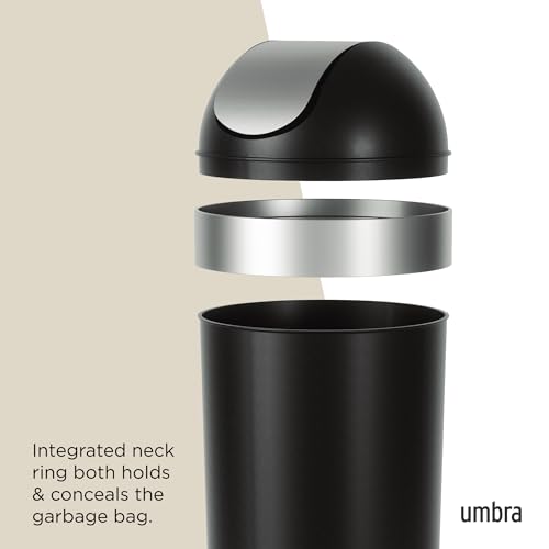 Umbra Venti Kitchen Trash Can with Swing Top Lid, Large 16-Gallon (62 L) Capacity, Black/Nickel