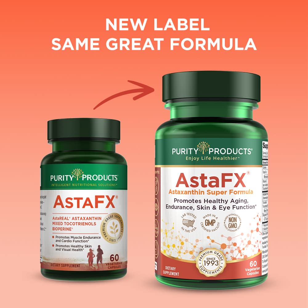 Purity Products AstaFX Astaxanthin Antioxidant Super Formula from Clinically Tested 4 mg AstaREAL with Full Spectrum Tocotrienols (Vitamin E) + BioPerine Black Pepper + Piperine - 60 Vegetarian Caps