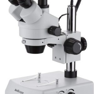 AmScope SM-2TZZ Professional Trinocular Stereo Zoom Microscope, WH10x and WH20x Eyepieces, 3.5X-180X Magnification, 0.7X-4.5X Zoom Objective, Upper and Lower Halogen Lighting, Pillar Stand, 110V-120V, Includes 0.5X and 2.0X Barlow Lenses