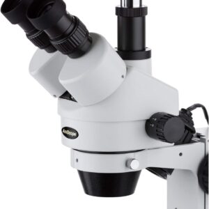 AmScope SM-2TZZ Professional Trinocular Stereo Zoom Microscope, WH10x and WH20x Eyepieces, 3.5X-180X Magnification, 0.7X-4.5X Zoom Objective, Upper and Lower Halogen Lighting, Pillar Stand, 110V-120V, Includes 0.5X and 2.0X Barlow Lenses