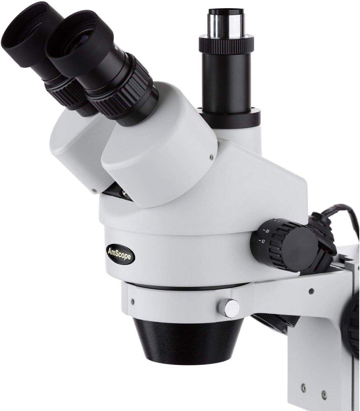 AmScope SM-2TZZ Professional Trinocular Stereo Zoom Microscope, WH10x and WH20x Eyepieces, 3.5X-180X Magnification, 0.7X-4.5X Zoom Objective, Upper and Lower Halogen Lighting, Pillar Stand, 110V-120V, Includes 0.5X and 2.0X Barlow Lenses