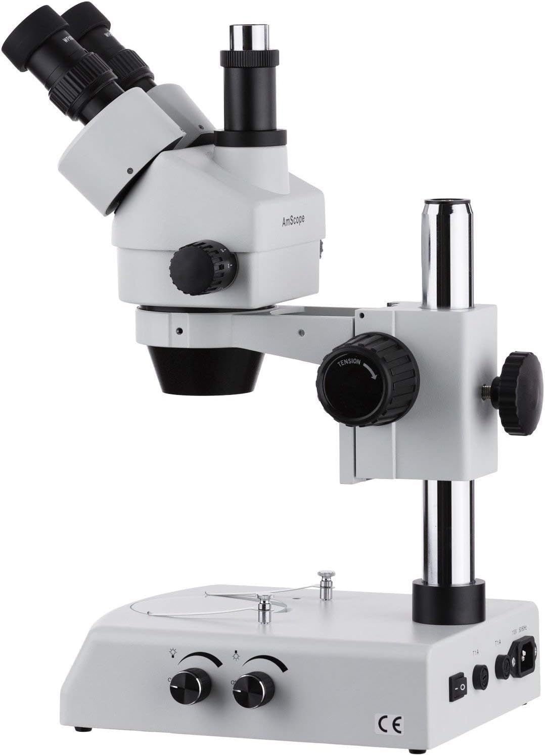 AmScope SM-2TZZ Professional Trinocular Stereo Zoom Microscope, WH10x and WH20x Eyepieces, 3.5X-180X Magnification, 0.7X-4.5X Zoom Objective, Upper and Lower Halogen Lighting, Pillar Stand, 110V-120V, Includes 0.5X and 2.0X Barlow Lenses