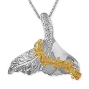 sterling silver with yellow gold tone accents whale tail lei pendant necklace, 16+2" extender