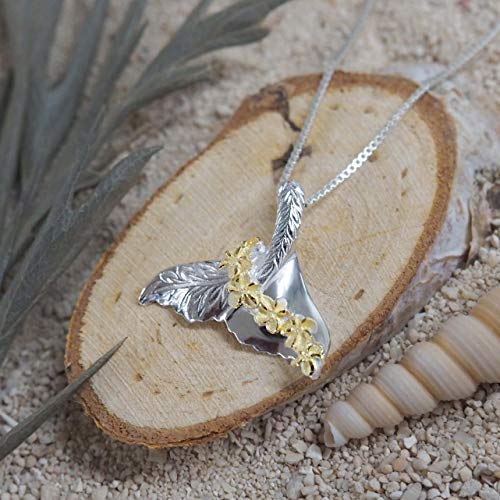 Sterling Silver with Yellow Gold Tone Accents Whale Tail Lei Pendant Necklace, 16+2" Extender