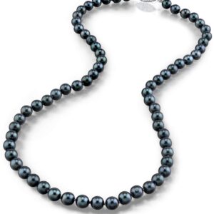 The Pearl Source 14K Gold 5.0-5.5mm Round Genuine Black Japanese Akoya Saltwater Cultured Pearl Necklace in 18" Princess Length for Women