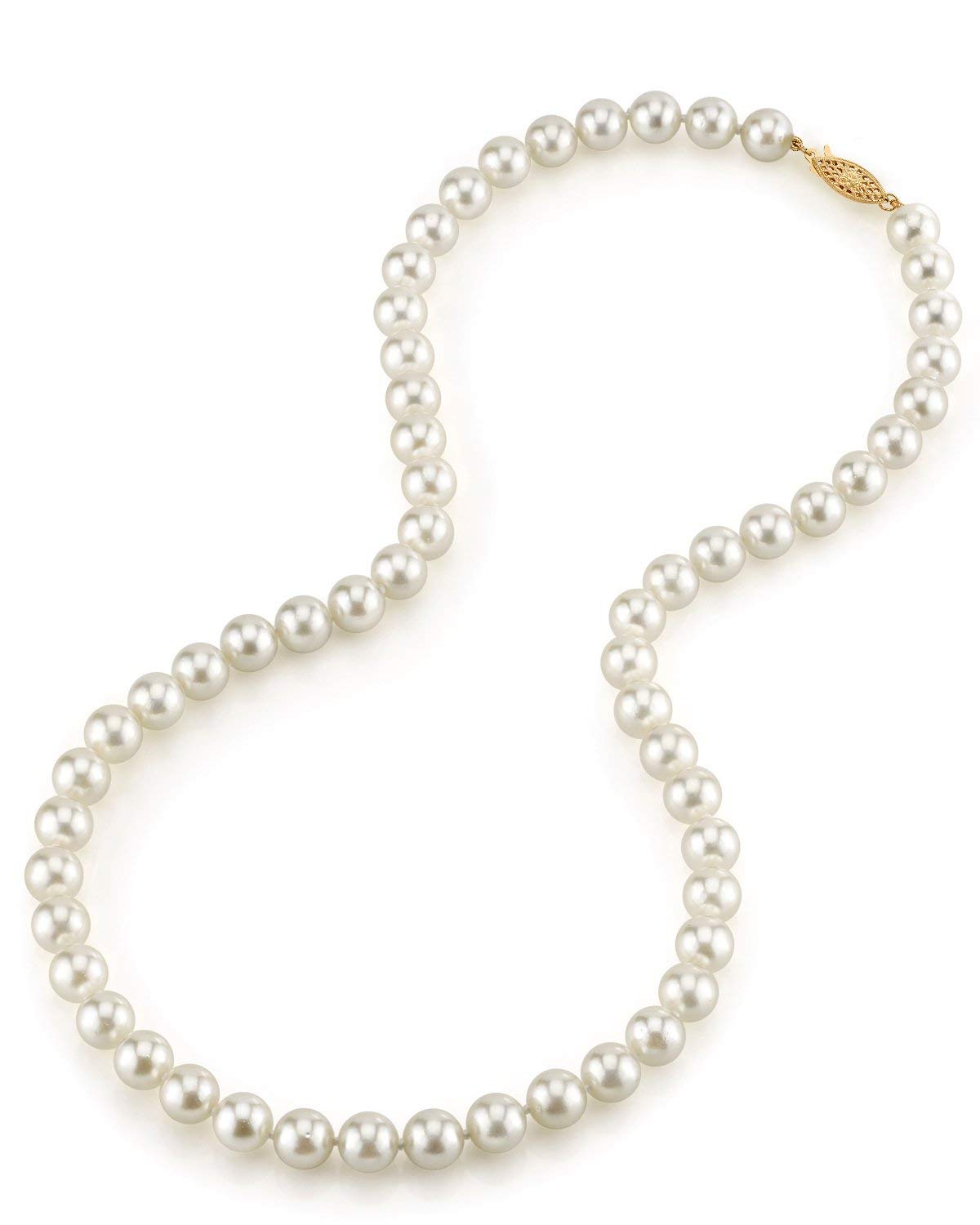 The Pearl Source 14K Gold 7.0-7.5mm AAA Quality Round Genuine White Japanese Akoya Saltwater Cultured Pearl Necklace in 18" Princess Length for Women