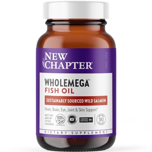 New Chapter Wholemega Fish Oil Supplement - Wild Alaskan Salmon Oil with Omega-3 + Vitamin D3 + Astaxanthin + Sustainably Caught - 180 ct, 1000mg Softgels