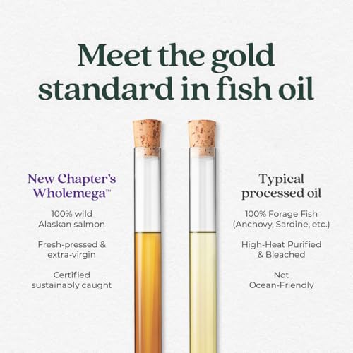 New Chapter Wholemega Fish Oil Supplement - Wild Alaskan Salmon Oil with Omega-3 + Vitamin D3 + Astaxanthin + Sustainably Caught - 180 ct, 1000mg Softgels