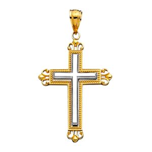 14k 2 tone gold diamond cut and milgrain finish cross pendant