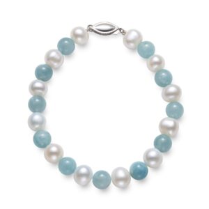 sterling silver cultured freshwater pearl and natural aquamarine gemstone bracelet, 7.5"