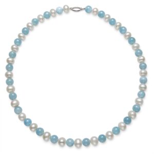 sterling silver cultured freshwater pearl and natural aquamarine gemstone strand necklace, 18"