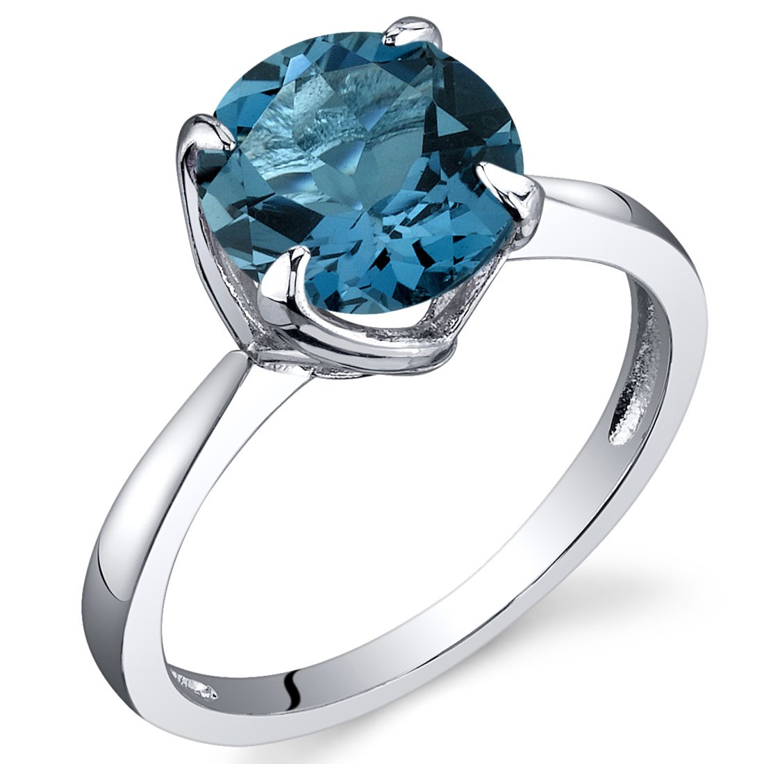 PEORA London Blue Topaz Elegant Solitaire Ring for Women 925 Sterling Silver, Natural Gemstone, 2.25 Carats Round Shape 8mm, Size 9