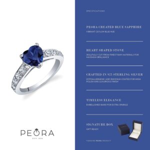 PEORA Created Blue Sapphire Heart Promise Ring for Women 925 Sterling Silver, 1.75 Carats Heart Shape 7mm, Comfort Fit, Size 9