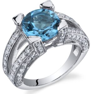 peora swiss blue topaz ring in sterling silver, rich vintage design, 3 carats round shape, 9mm, comfort fit, size 7