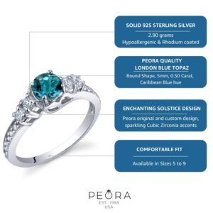 PEORA London Blue Topaz Ring 925 Sterling Silver, 0.50 Carat Round Shape, December Birthstone Enchanting Solstice Solitaire, Size 8