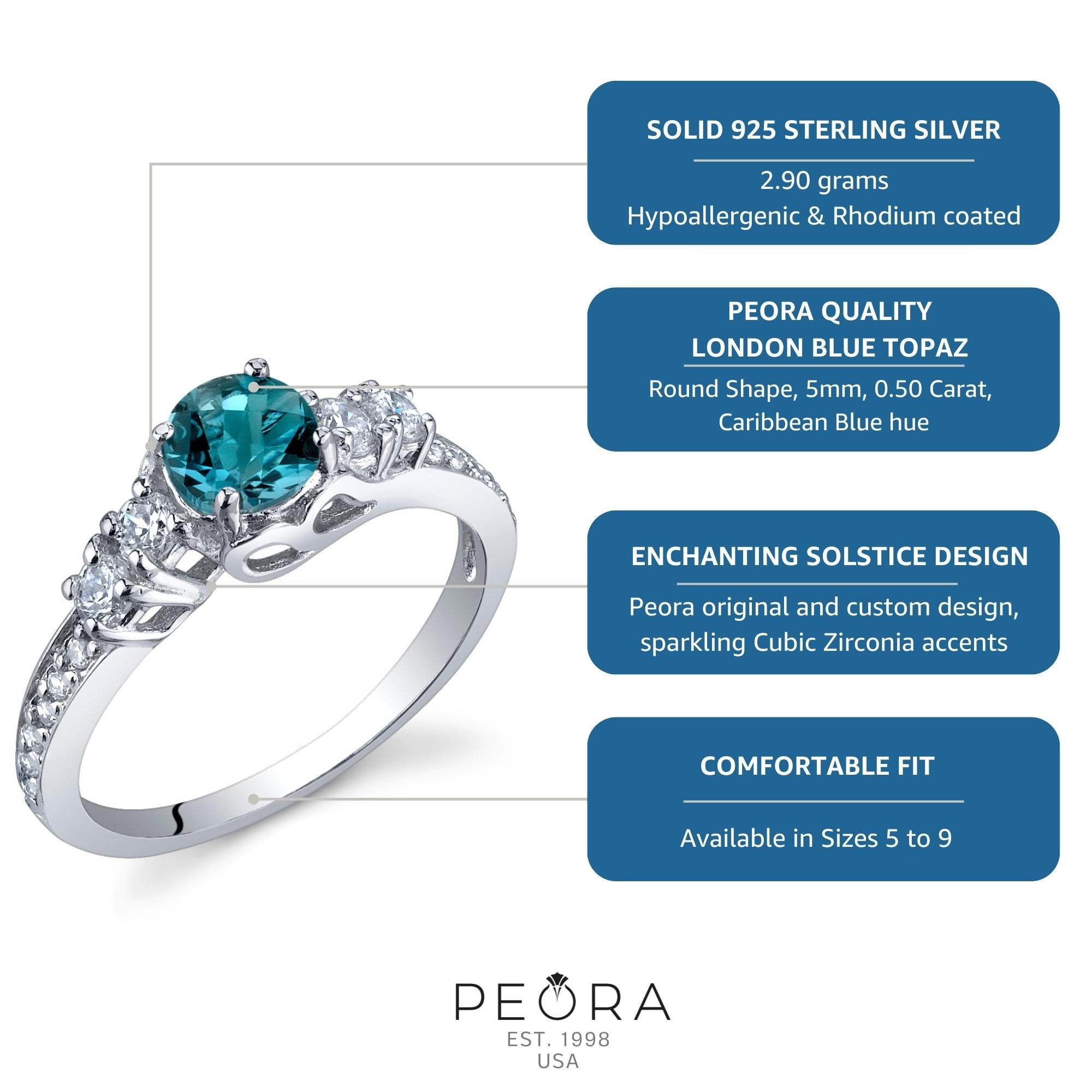 PEORA London Blue Topaz Ring 925 Sterling Silver, 0.50 Carat Round Shape, December Birthstone Enchanting Solstice Solitaire, Size 8