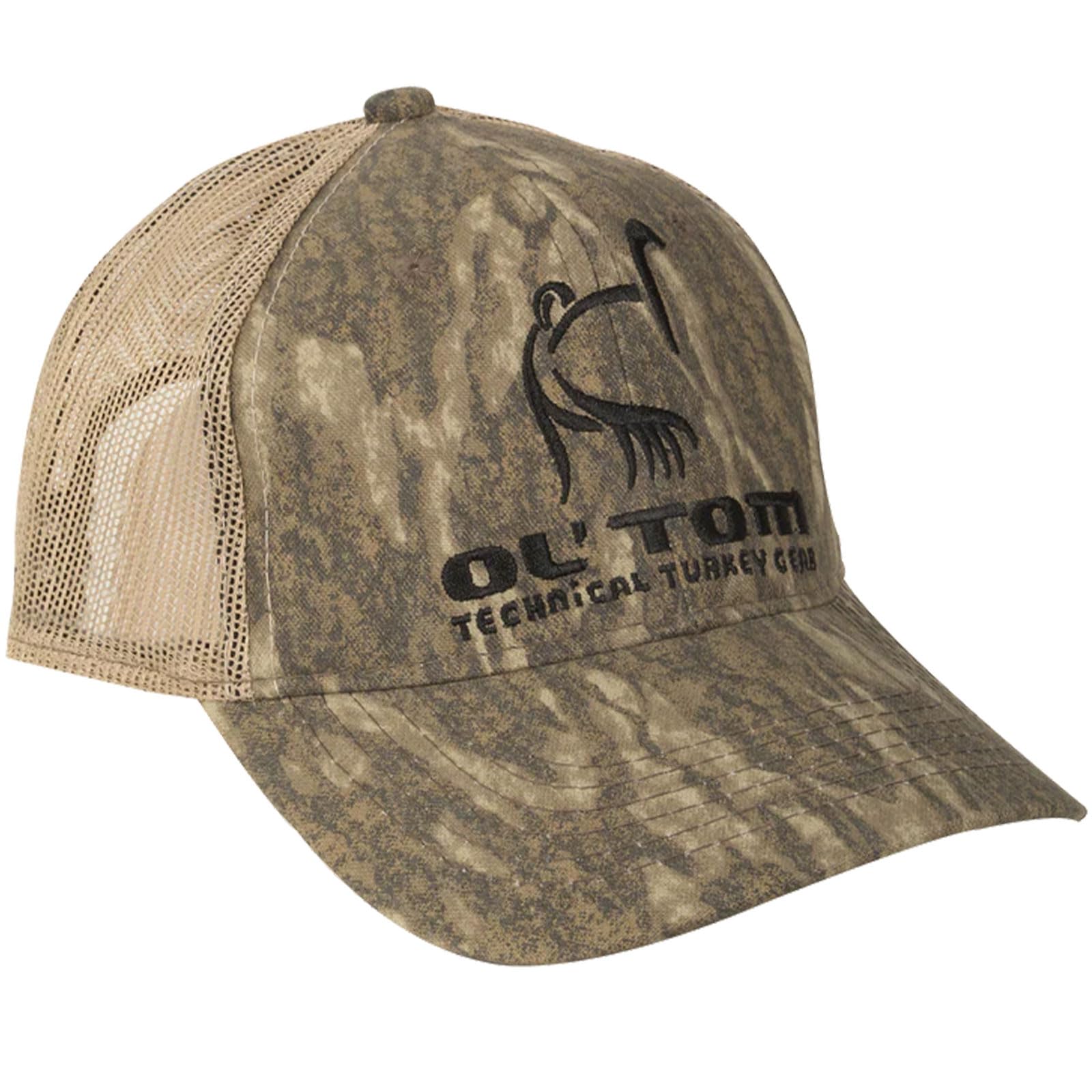 Drake Waterfowl Camo Mesh Back Ol' Tom Logo Cap - Breathable Adjustable Lightly Structured Six-Panel Low-Profile Baseball Cap, Mossy Oak Bottomland